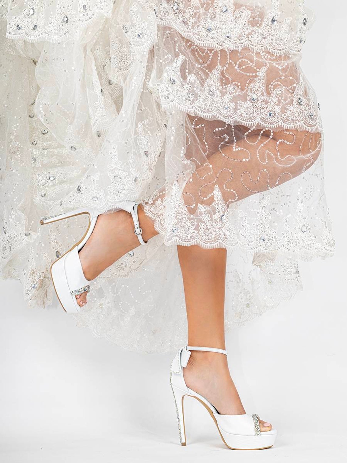 White Bridal Platform Shoes, Wedding Shoes With Swarovski, Platform ...