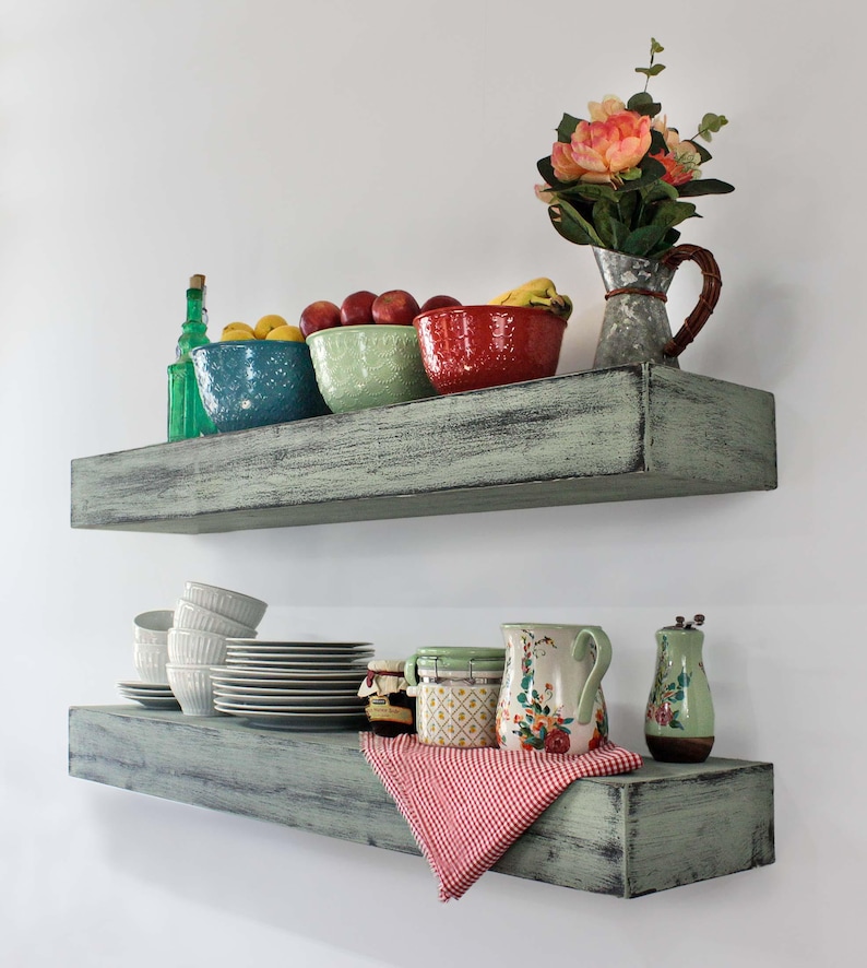 Rustic Wood Wall Shelf Farmhouse Floating Beam Shelves Distressed Paint ...