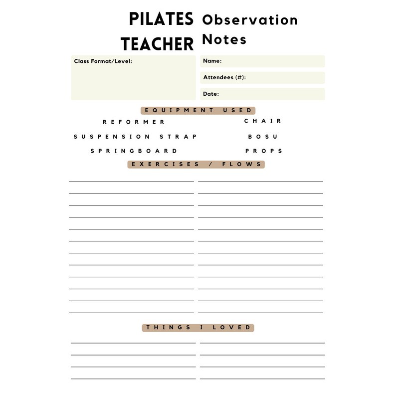 Pilates Teacher Observation Notes Digital Printable - Etsy