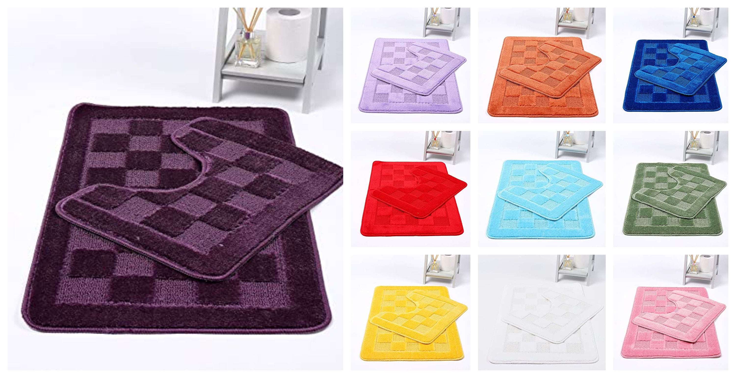 Squares Bath Mat Set, Super Soft Non Slip Bath Mat & Pedestal Set ...