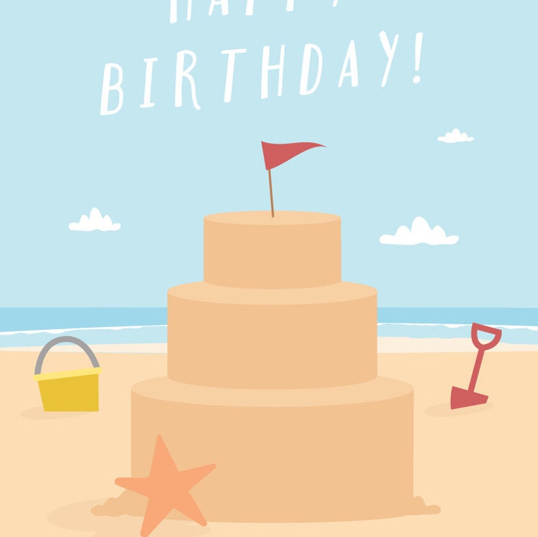 Sand Castle Printable Birthday Card | INSTANT DOWNLOAD | Beach | Cake ...