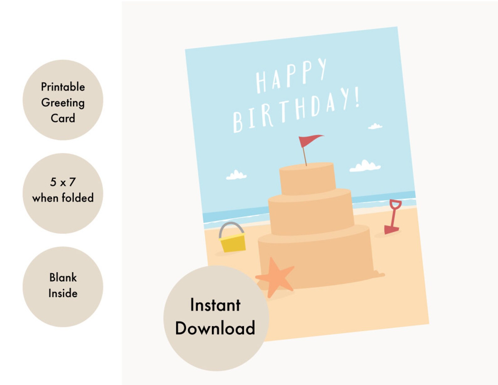 Sand Castle Printable Birthday Card | INSTANT DOWNLOAD | Beach | Cake ...