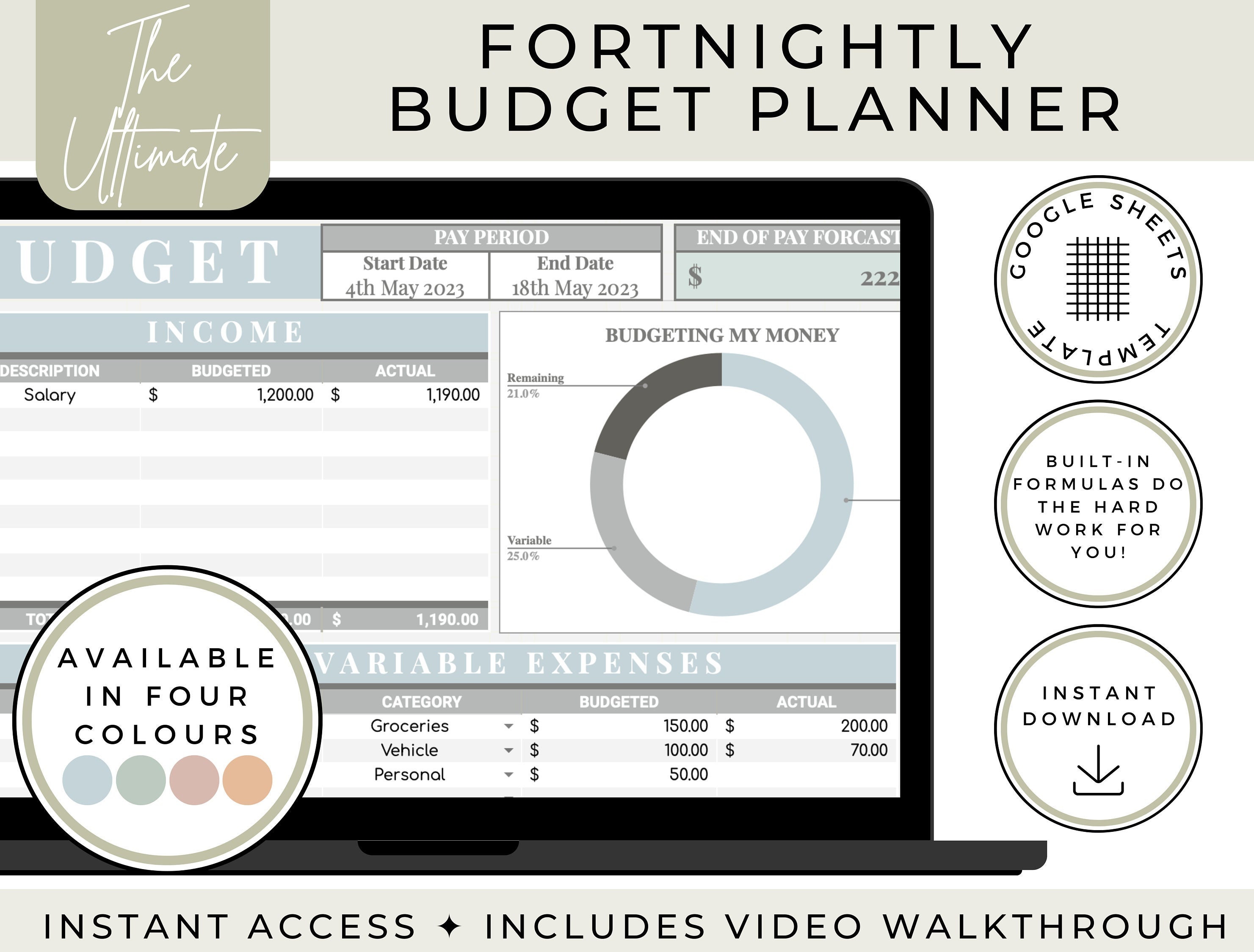 Ultimate Fortnightly Budget Google Sheets Budget Spreadsheet Minimalist ...