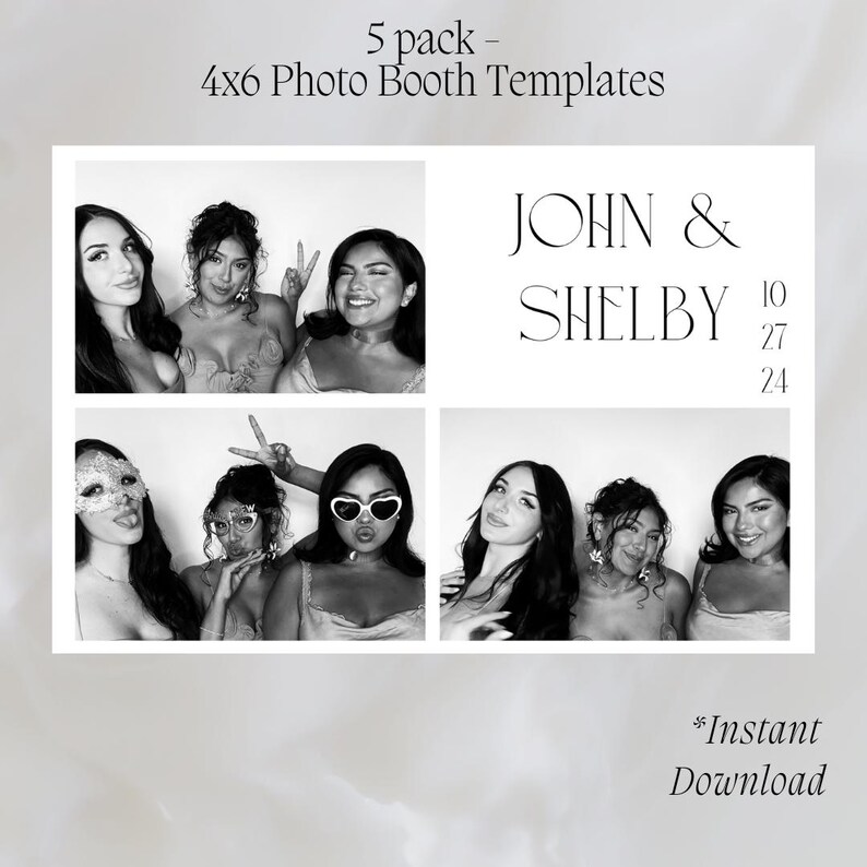5 Wedding Photo Booth Templates Set, Black and White Photo Booth, Glam ...