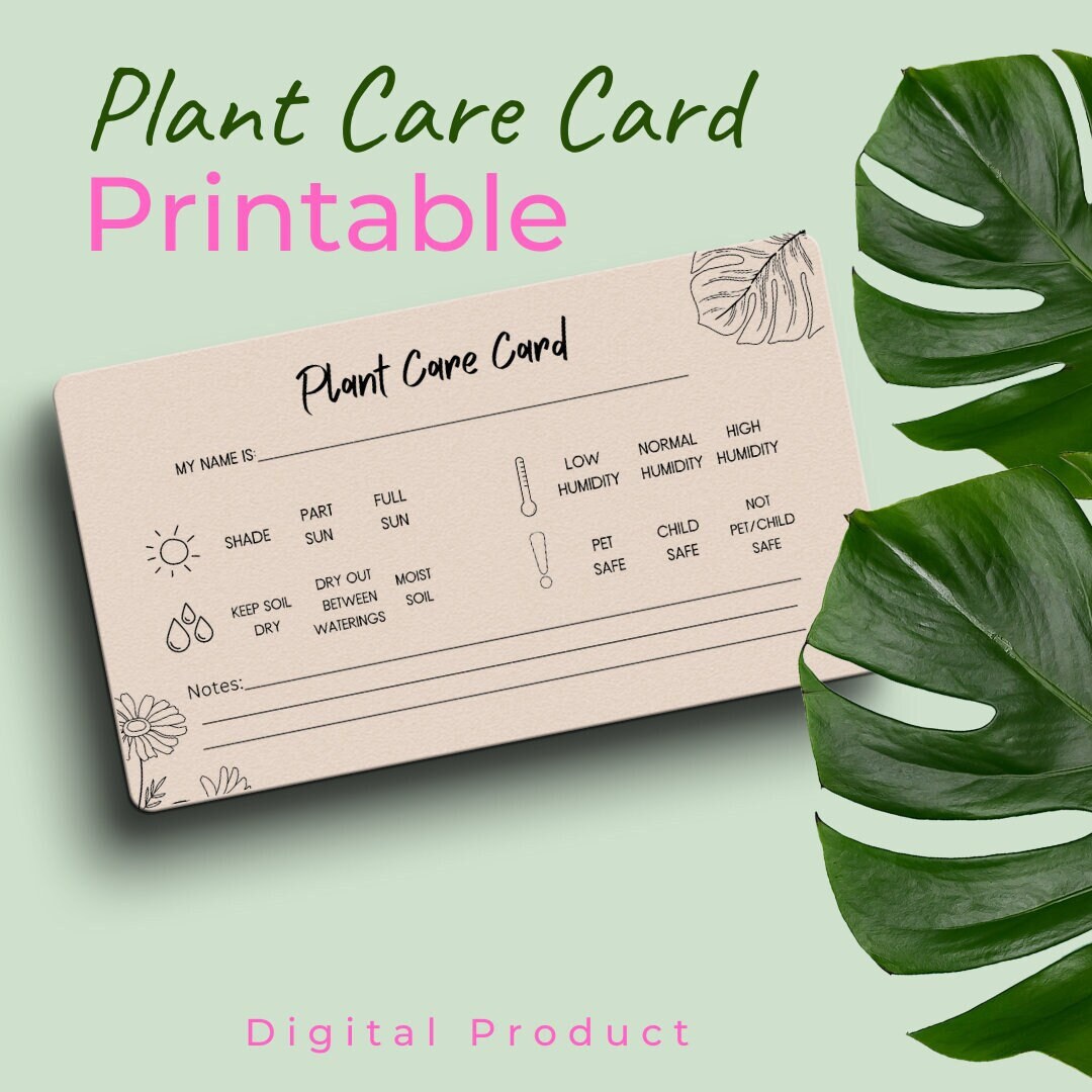 Plant Care Card, Houseplant Reference Card, Plant Tag, Printable Plant ...