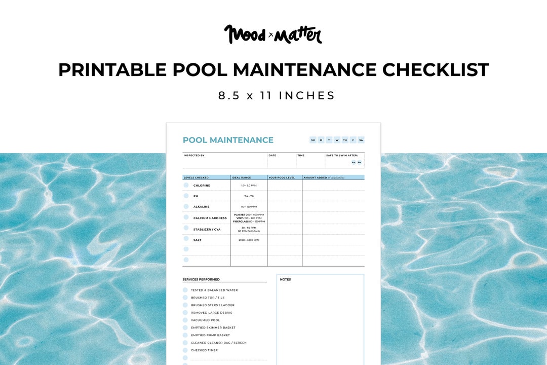 Printable Pool Maintenance Checklist, Pool Service Log (PDF) - Etsy