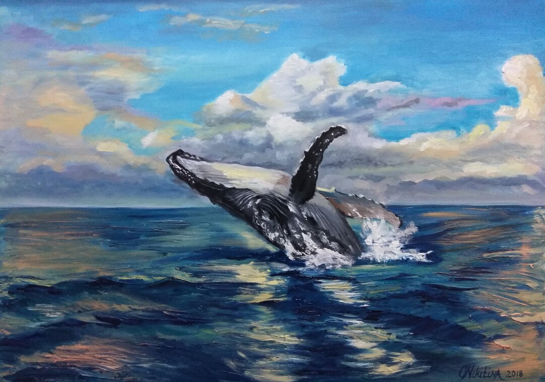 Humpback Whale Painting: Breaching Seascape, Impasto Oil on Canvas ...