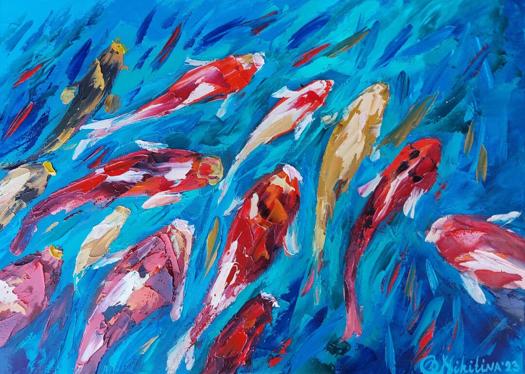 Koi Fish Oil Painting: Impasto Goldfish Pond Art, 8x12 - Etsy
