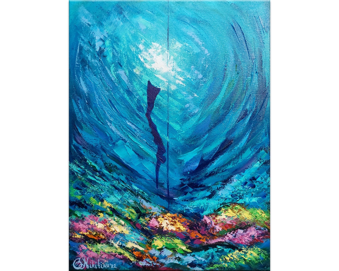 Diver Painting Diving Original Art Ocean Underwater Wall Art Seascape ...