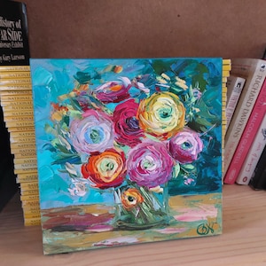 Impasto Ranunculus Flower Oil Painting: Palette Knife Floral Art, 8x8 ...