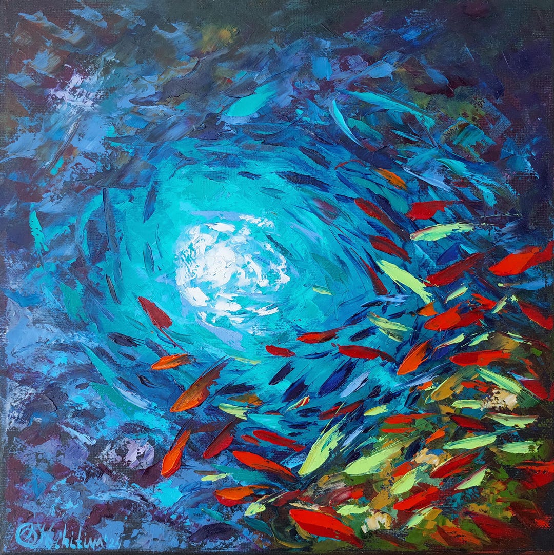 Abstract Underwater Painting Fish Coral Reef Wall Art Original Impasto ...