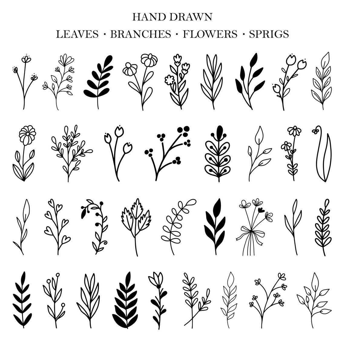 Hand Drawn Clipart, Hand Drawn Flower Clipart, Hand Drawn Leaves, Hand ...