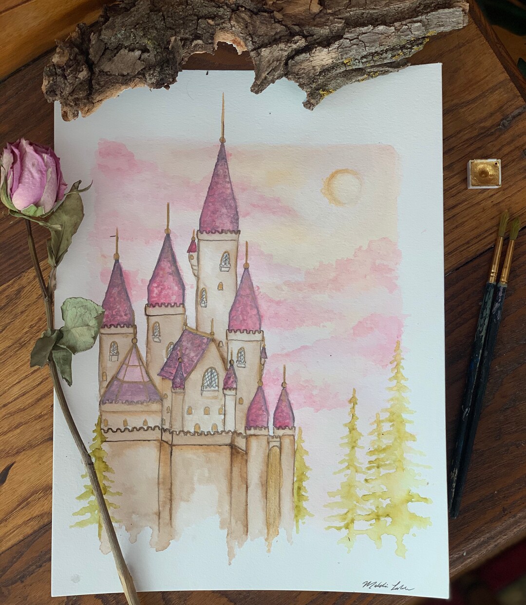 Pink Castle Watercolor Painting With Trees: Sleeping Beautys Sunset - Etsy