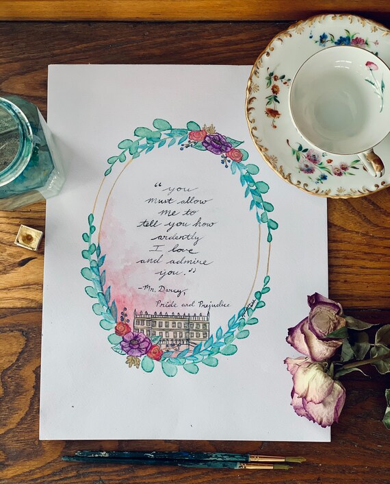 Jane Austen Pride and Prejudice Quote Watercolor Painting: | Etsy