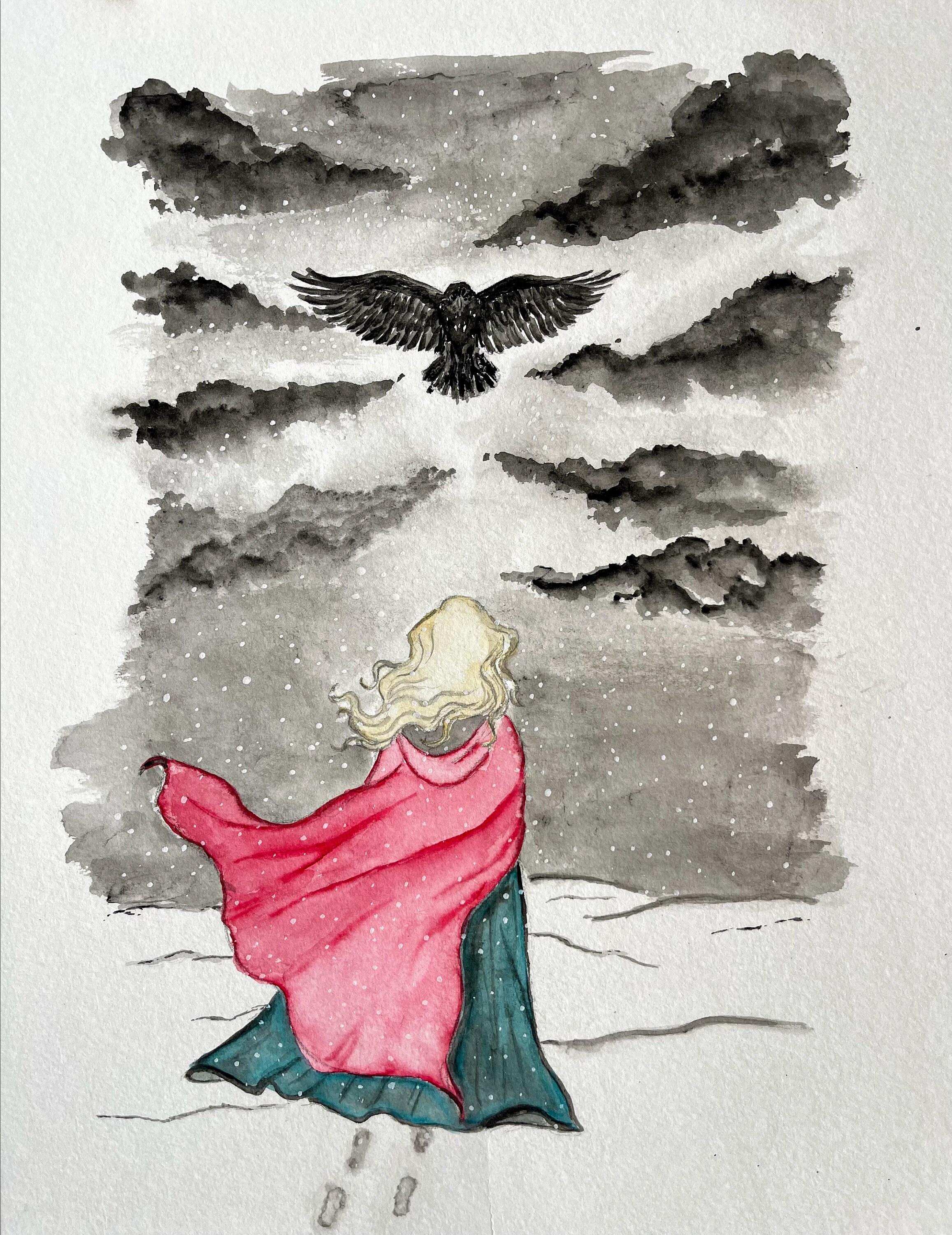 Raven and Red Cloaked Maiden Watercolor Painting: Raven's Wintery ...