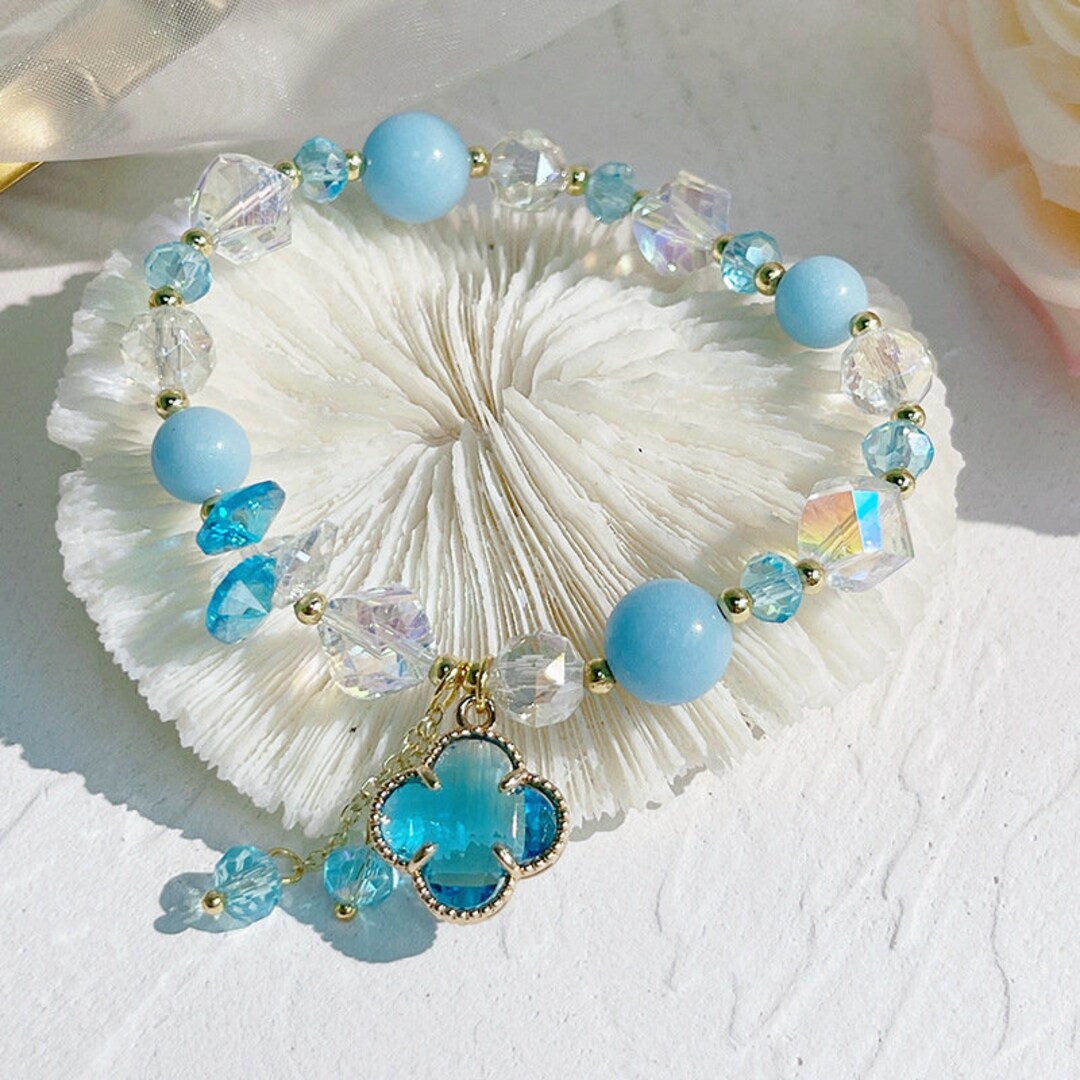 Purple Green Bule Pink Stone Crystal Beaded Bracelet With Clover Charm ...