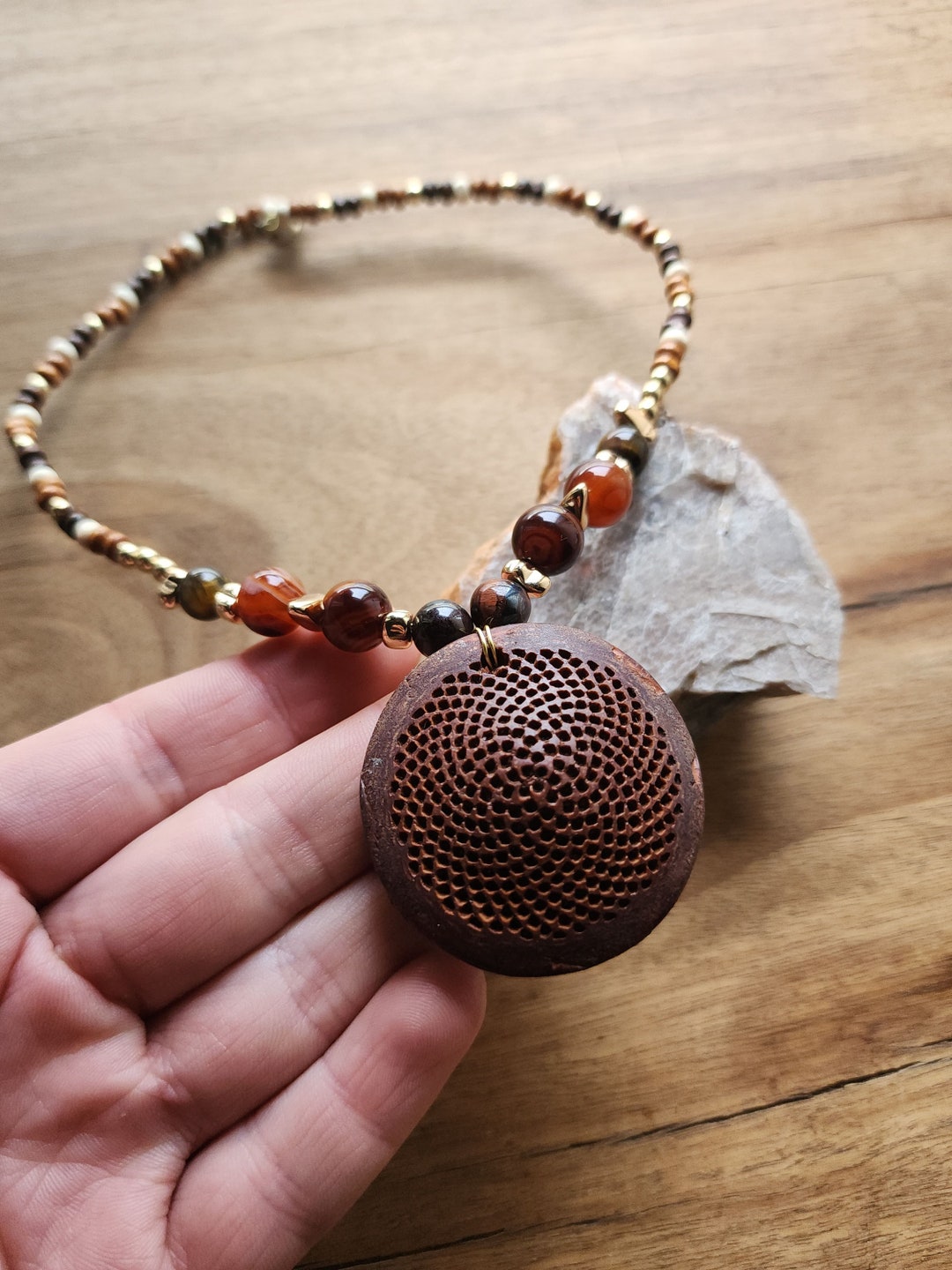 Protea Pod, Tiger Eye, Dream Agate and Woods Necklace - Etsy