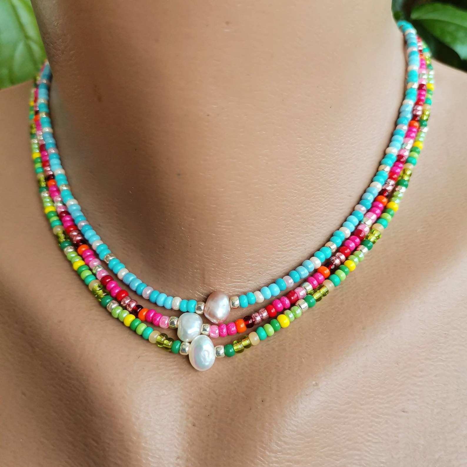 Seed Bead Necklace colorful Seed Beads Choker Pink, Blue, Green, Yellow ...