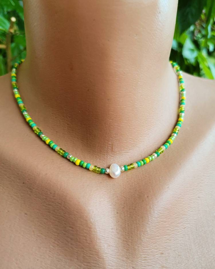Seed Bead Necklace colorful Seed Beads Choker Pink, Blue, Green, Yellow ...
