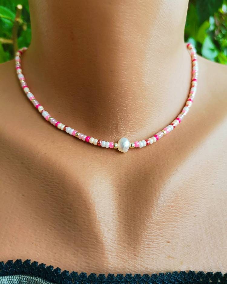 Seed Bead Necklace colorful Seed Beads Choker Pink, Blue, Green, Yellow ...