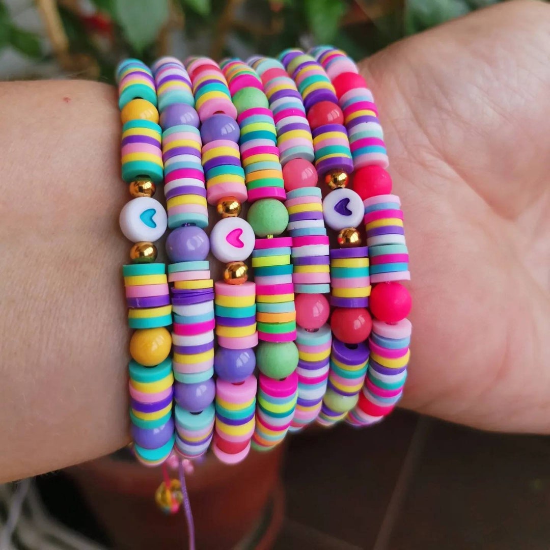 Heishi Boho Bracelet: Colorful Vinyl Disc Beads, Adjustable Rainbow ...