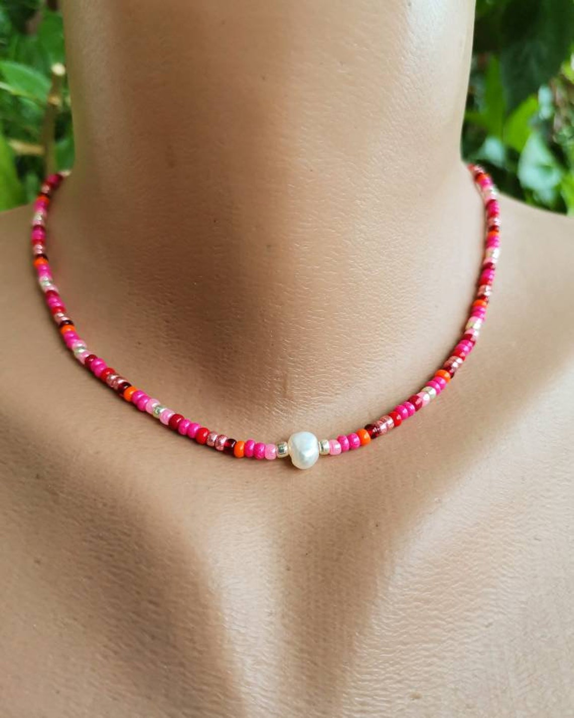 Seed Bead Necklace colorful Seed Beads Choker Pink, Blue, Green, Yellow ...