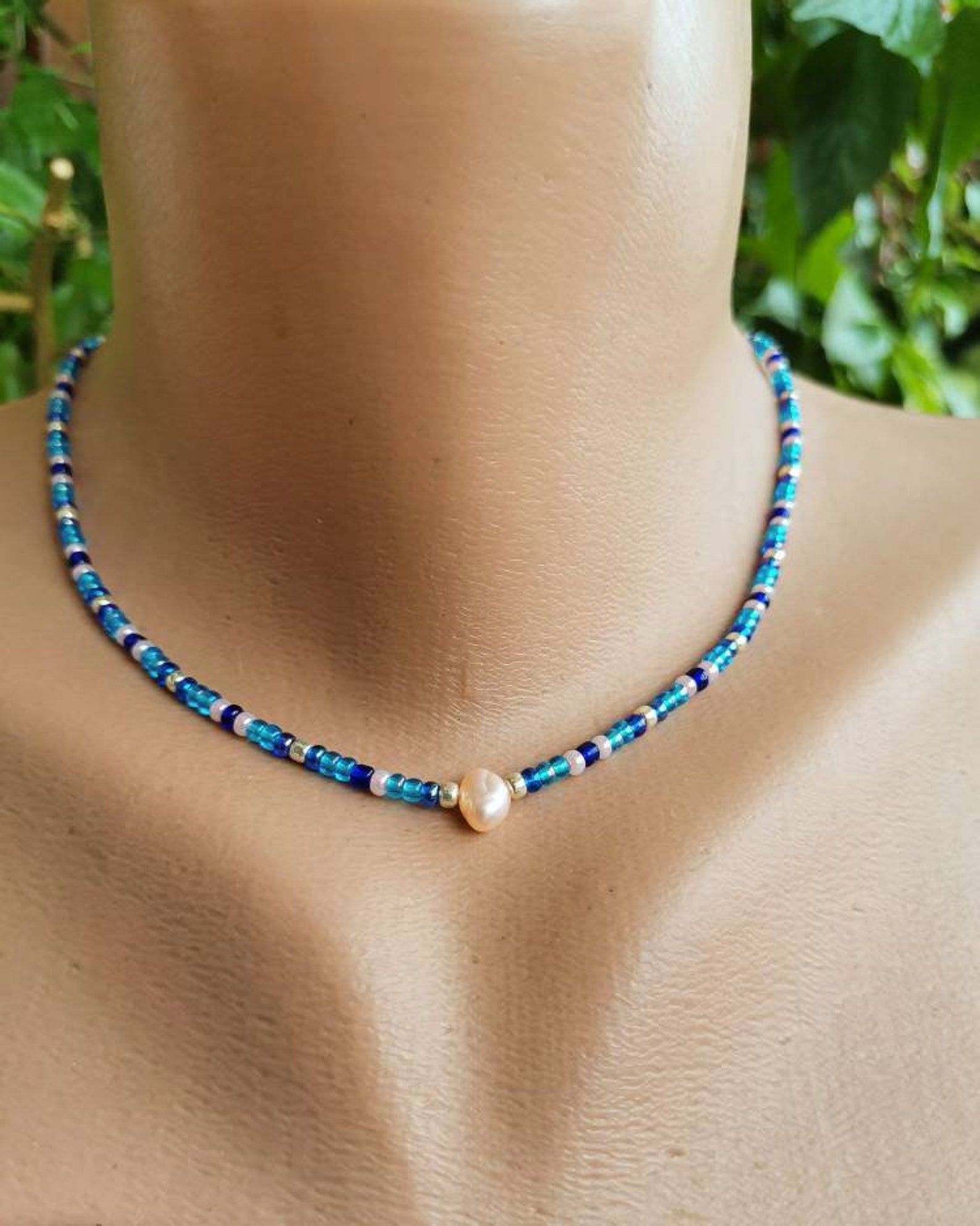 Seed Bead Necklace colorful Seed Beads Choker Pink, Blue, Green, Yellow ...