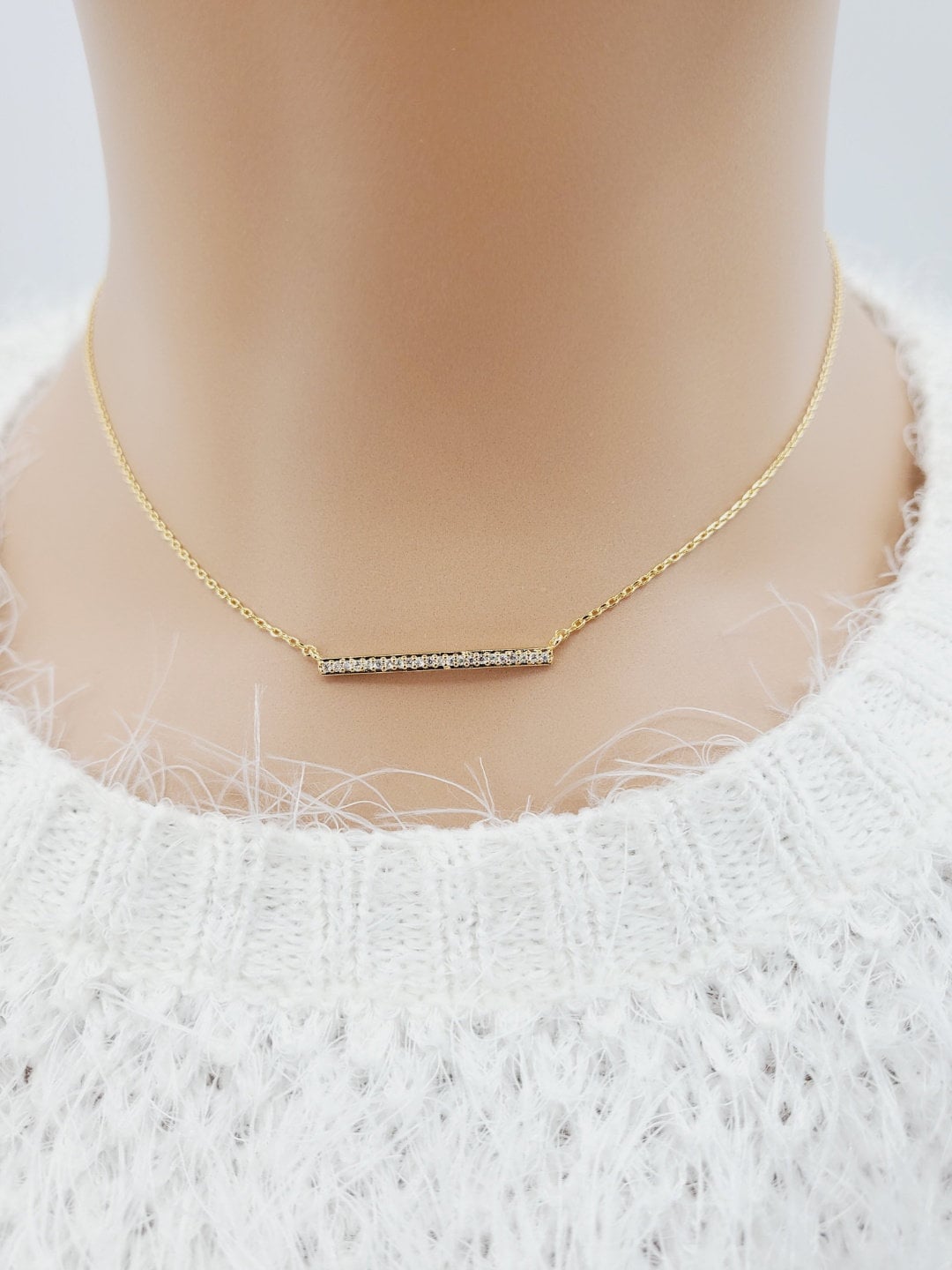 Sideway Pave Bar Pendant Necklace / Pave CZ Delicate Bar - Etsy