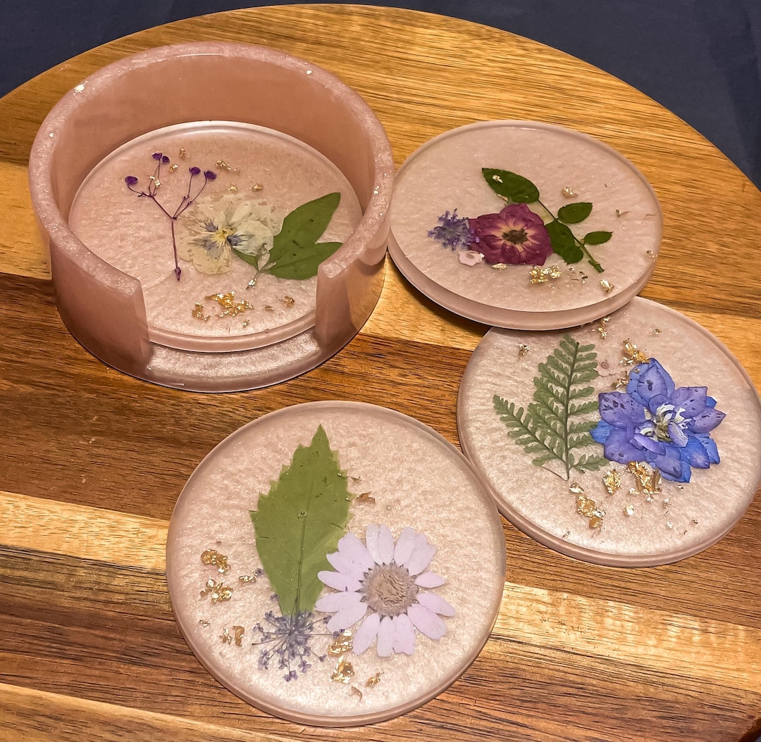 Rose Gold & Floral | Resin Flower Coasters With Caddy - Etsy