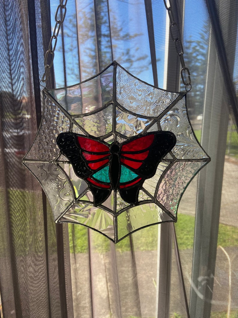 Stained Glass Butterfly Spider Web Suncatcher - Etsy