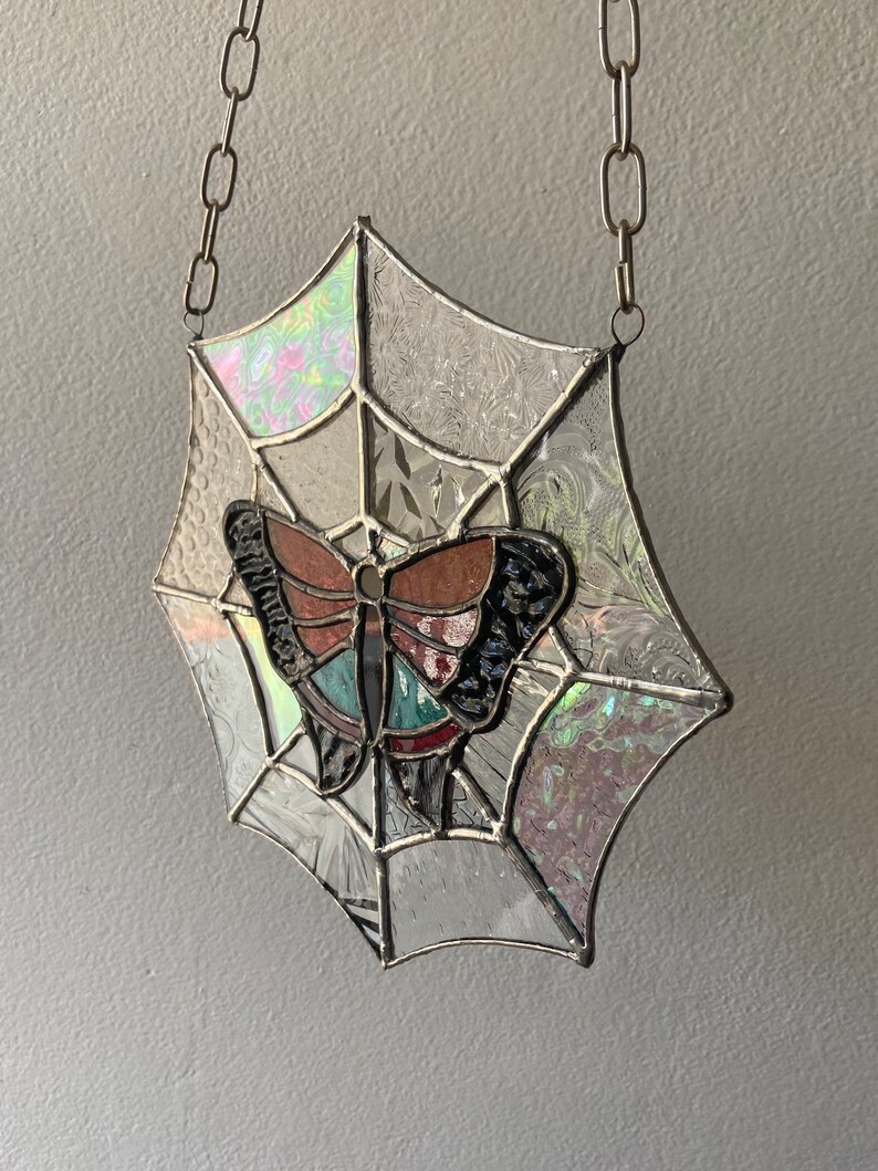 Stained Glass Butterfly Spider Web Suncatcher - Etsy