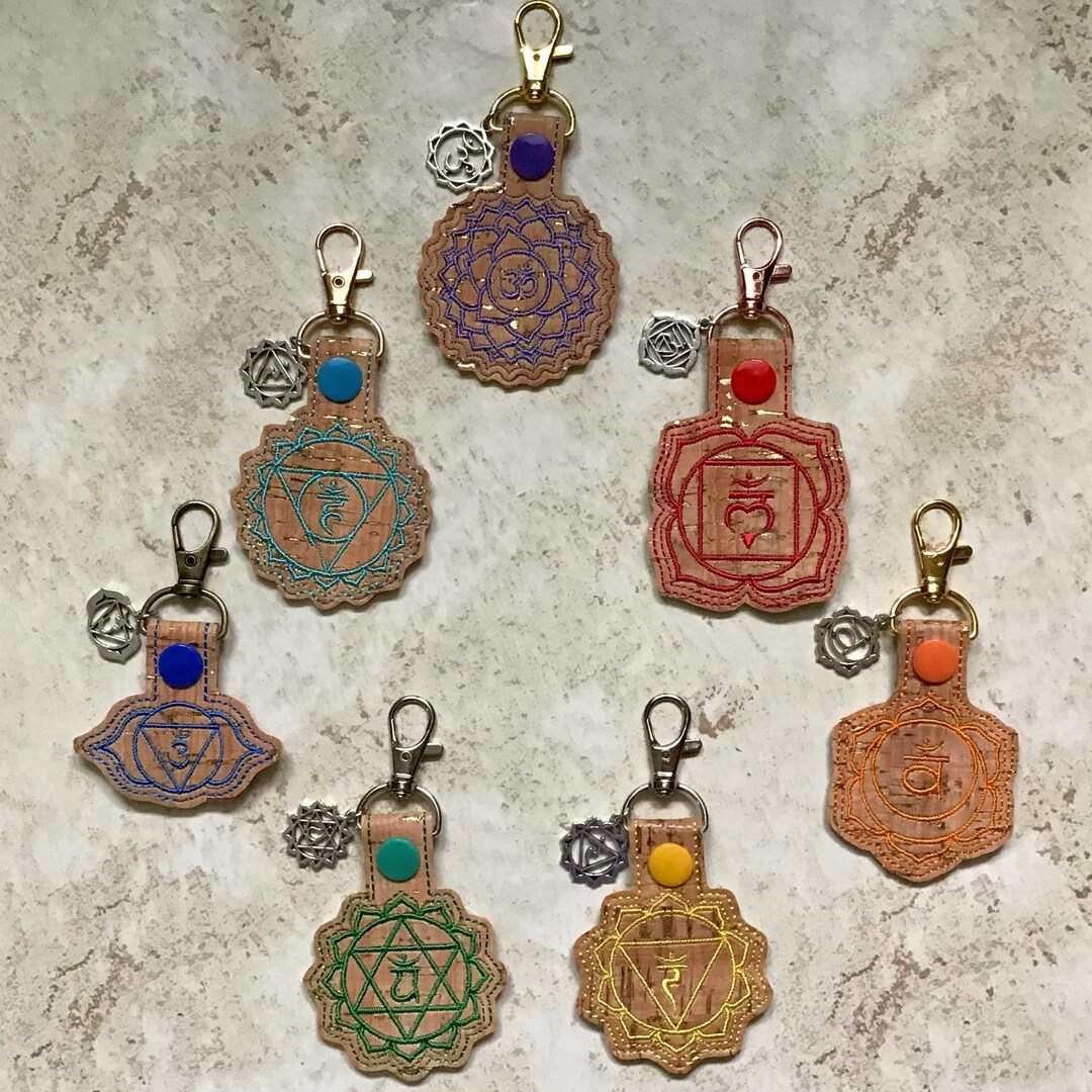 Handcrafted 7 Chakras Embroidered on Cork Fabric Key Fob - Etsy