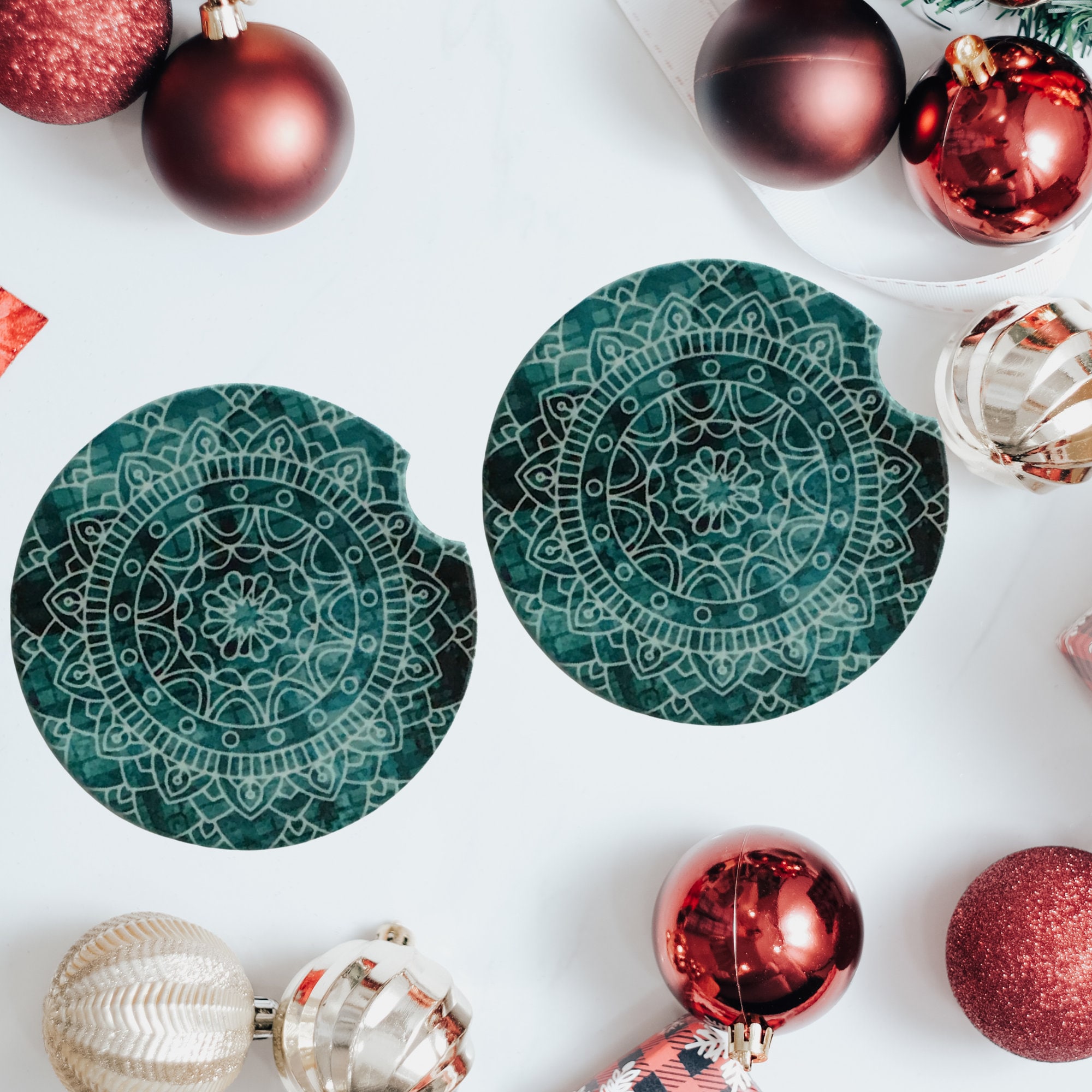 Ceramic Car Coasters With Blue Mandala Designs and Cork Backing Yoga ...