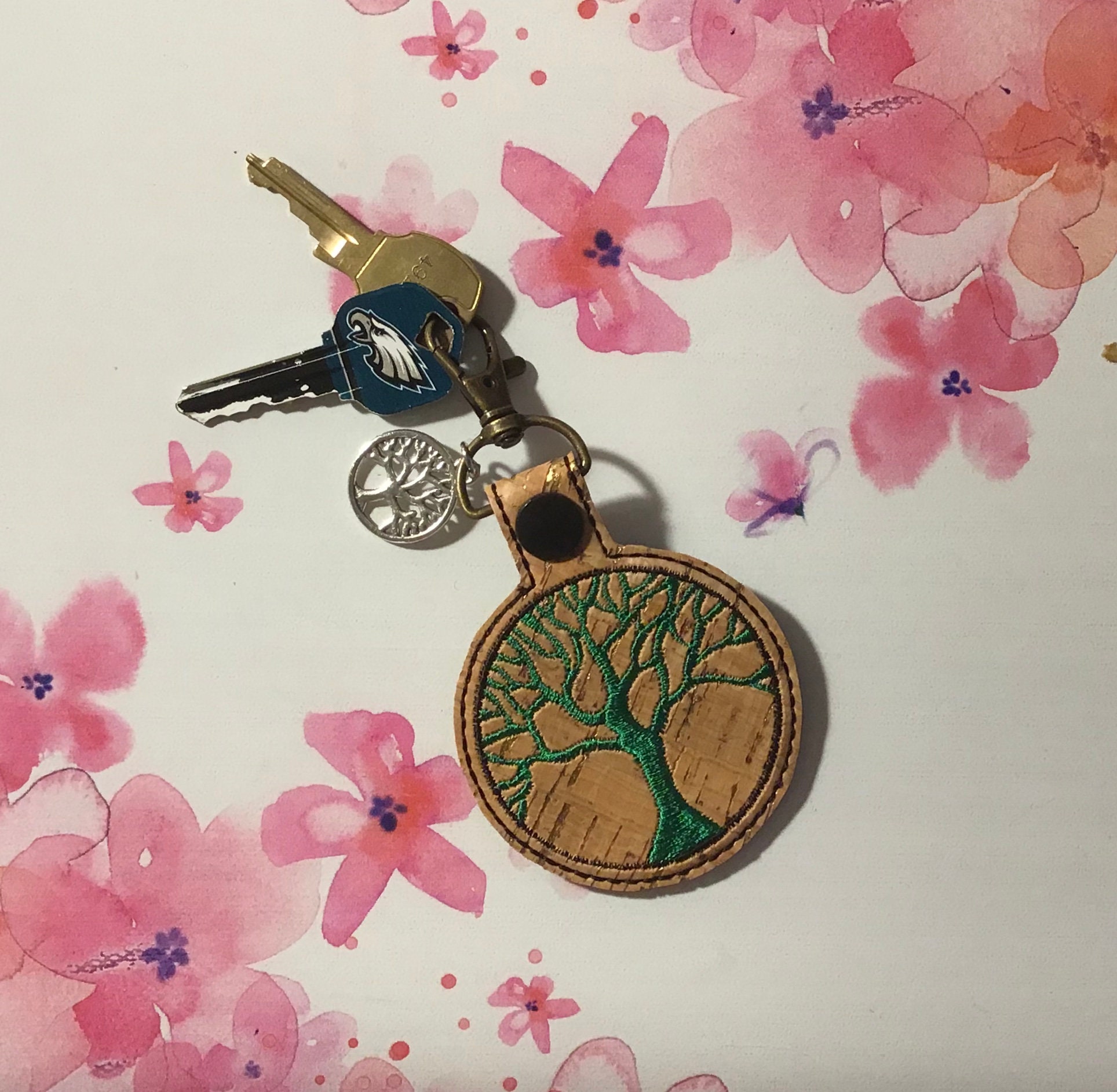 Unique Tree of Life Embroidered Design on Cork Fabric Key Fob: Adorned ...