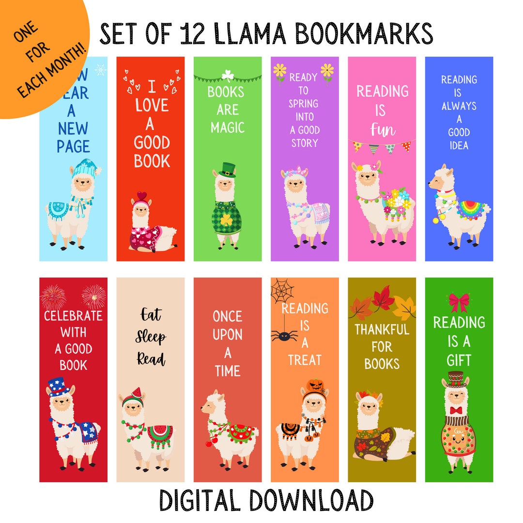Set of 12 Monthly Llama Bookmarks With Fun Reading Quotes, Digital ...