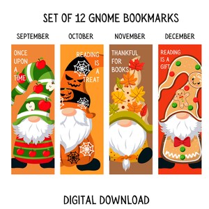 Set of 12 Monthly Gnome Bookmarks With Fun Reading Quotes, Digital ...