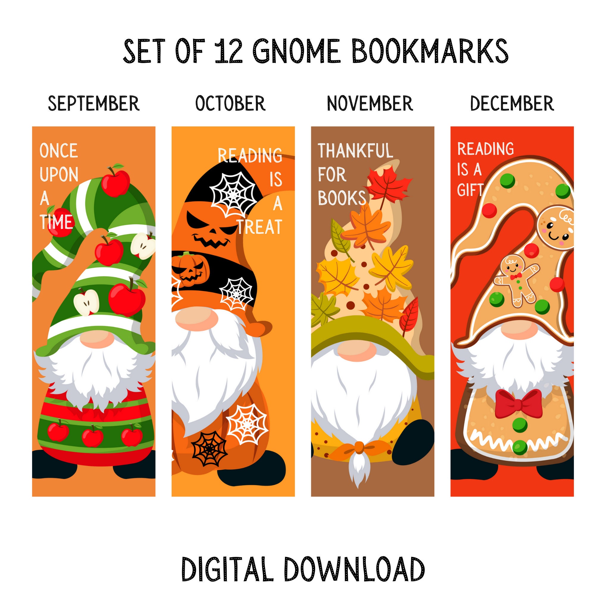 Set of 12 Monthly Gnome Bookmarks With Fun Reading Quotes, Digital ...