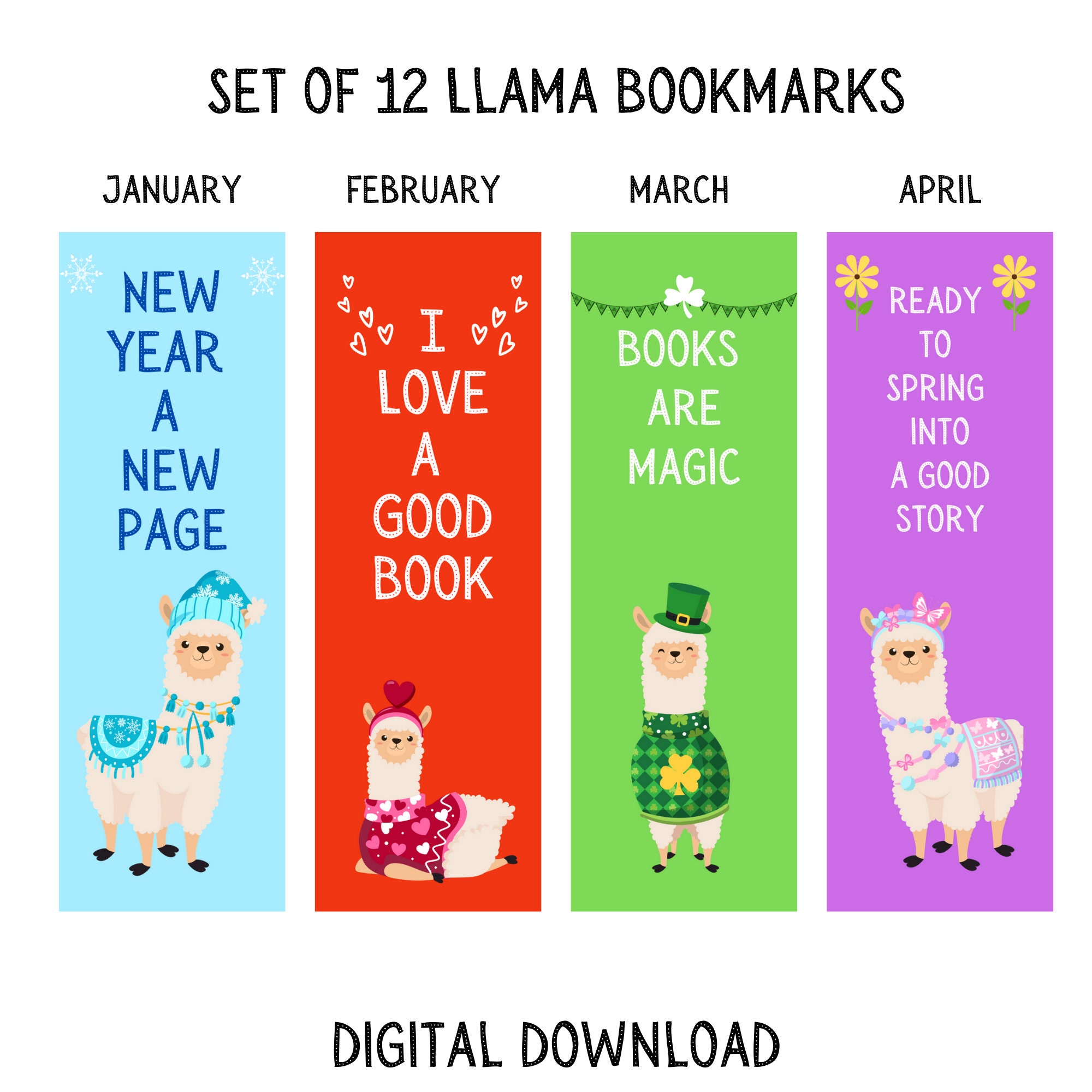 Set of 12 Monthly Llama Bookmarks With Fun Reading Quotes, Digital ...
