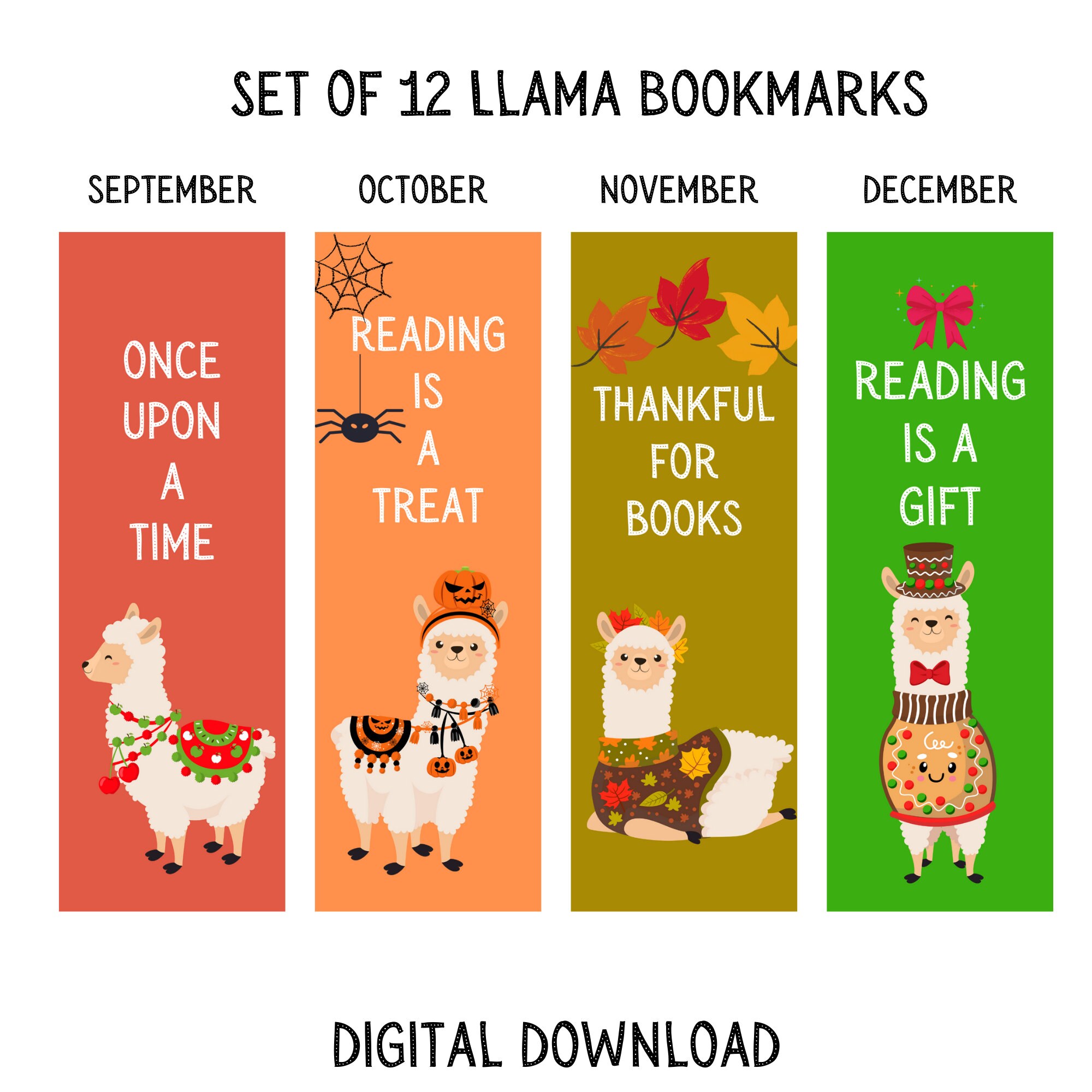 Set of 12 Monthly Llama Bookmarks With Fun Reading Quotes, Digital ...