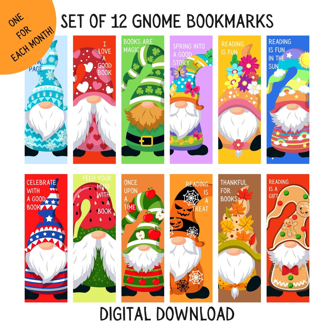 Set of 12 Monthly Gnome Bookmarks With Fun Reading Quotes, Digital ...