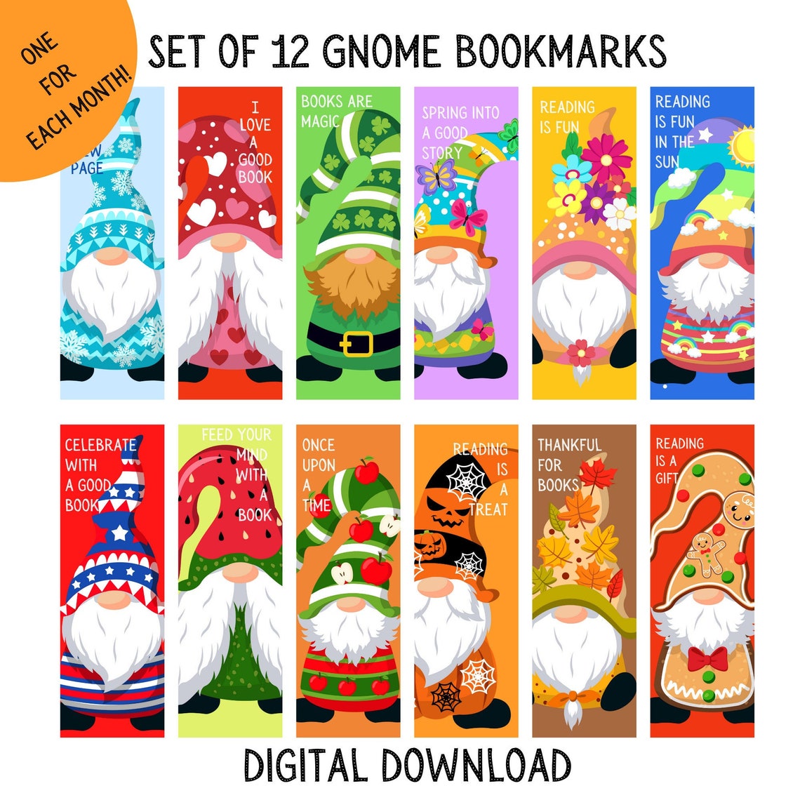 Set of 12 Monthly Gnome Bookmarks With Fun Reading Quotes, Digital ...