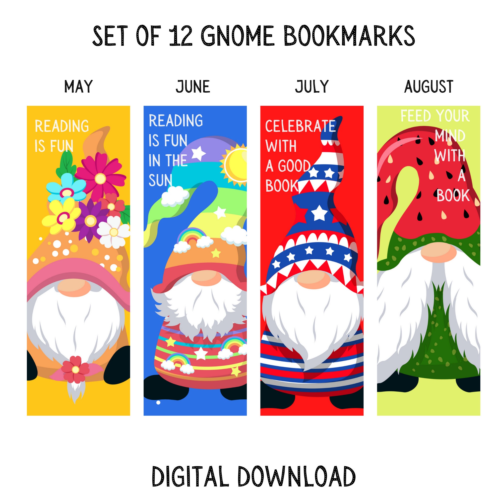 Set of 12 Monthly Gnome Bookmarks With Fun Reading Quotes, Digital ...