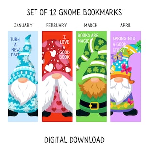 Set of 12 Monthly Gnome Bookmarks With Fun Reading Quotes, Digital ...