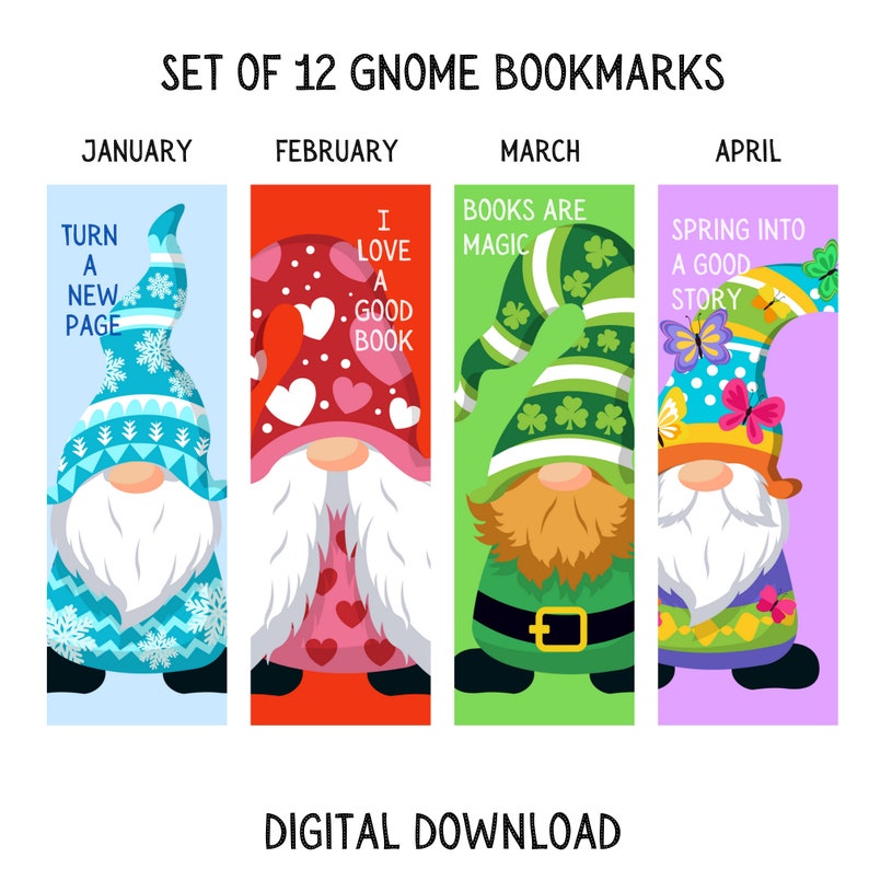 Set of 12 Monthly Gnome Bookmarks With Fun Reading Quotes, Digital ...