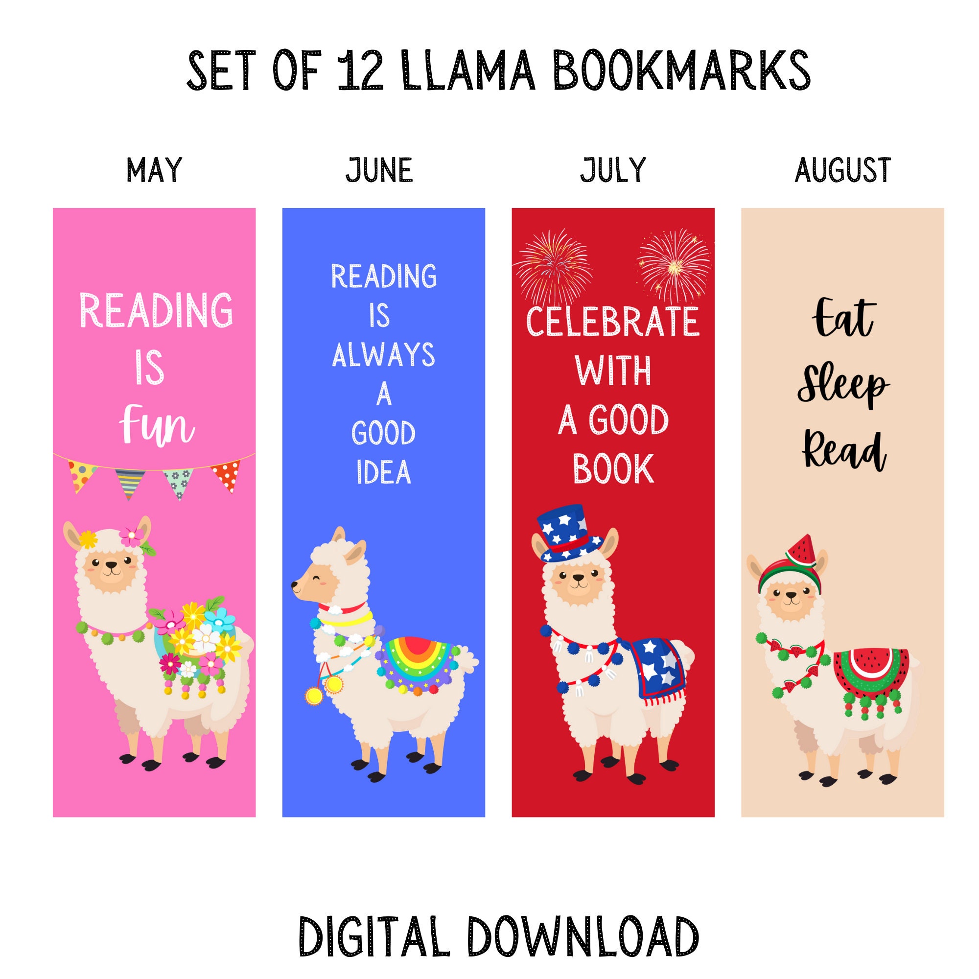 Set of 12 Monthly Llama Bookmarks With Fun Reading Quotes, Digital ...