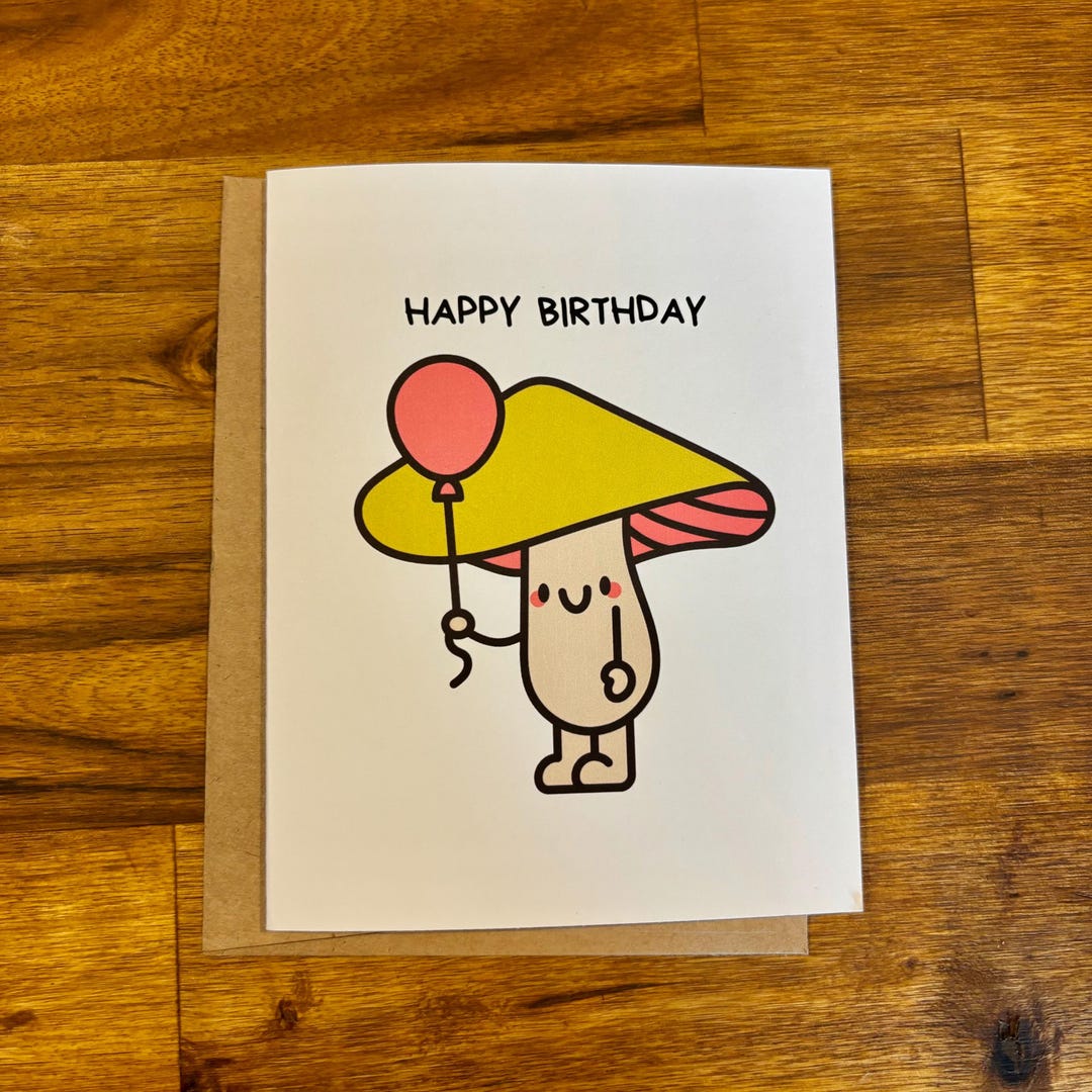 Cute Mushroom Happy Birthday Card L Cute Little Toadstool Holding ...