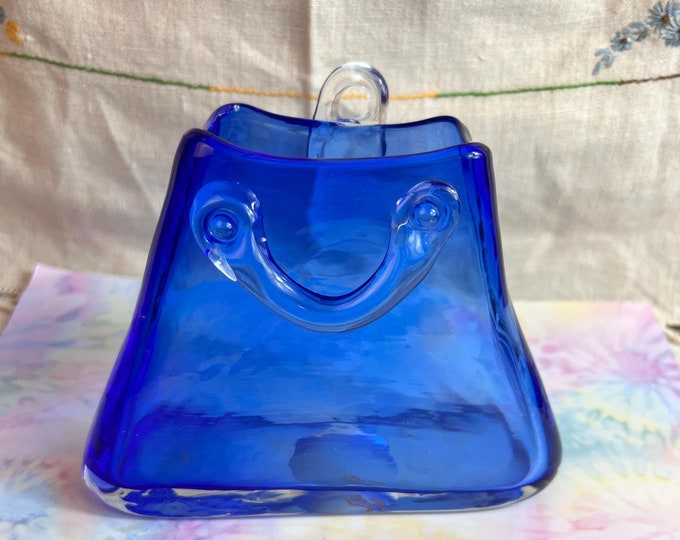Vintage Cobalt Blue Glass Purse~planter~home Decor~clear Handle - Etsy