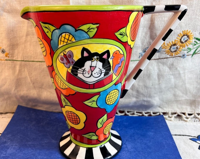Catzilla Candace Reiter Hand Painted Water Pitcher Cats Flowers ...
