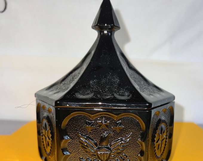 Tiara Indiana Glass Colonial Candy Dish With Lid, Eagle & Star, Black ...