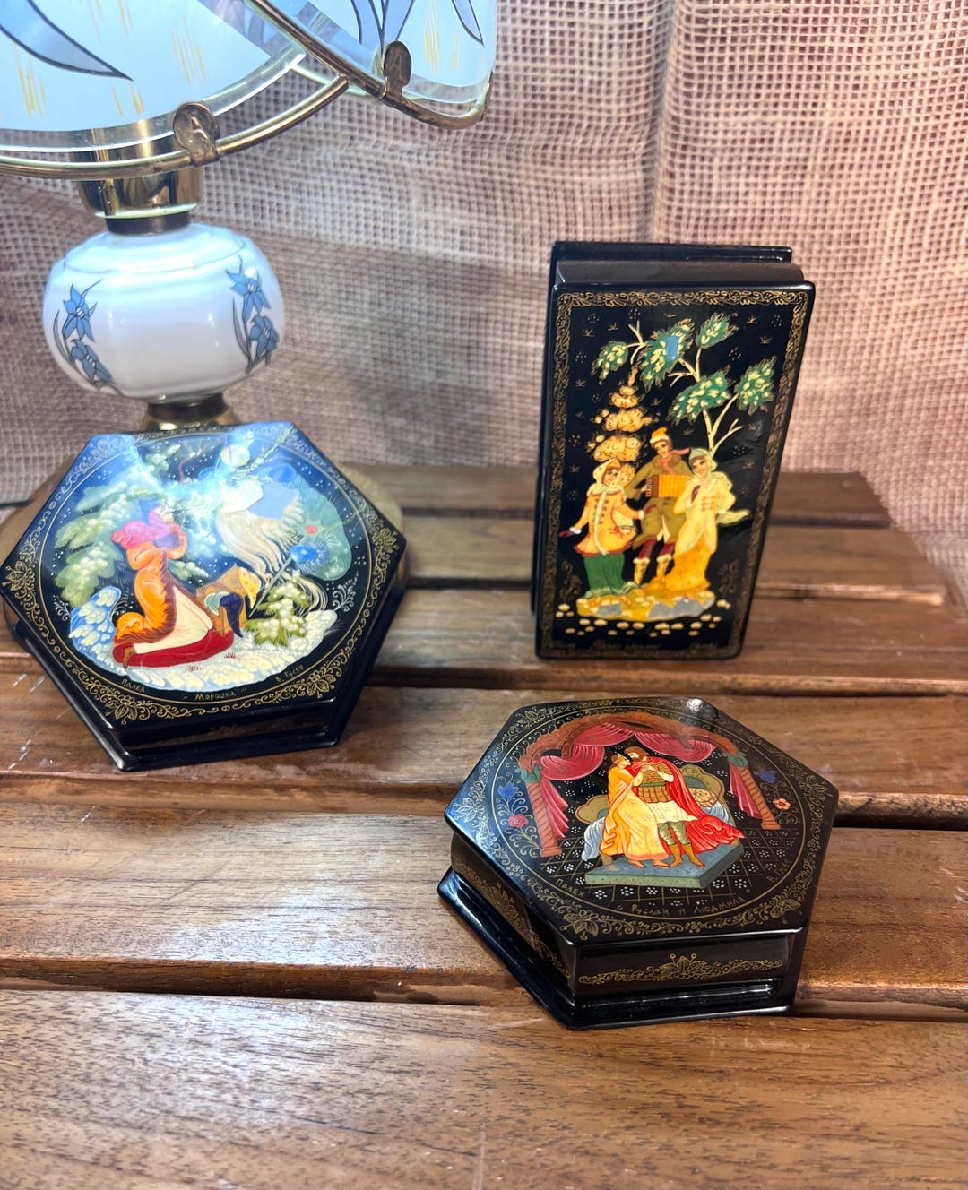 Russian Black Lacquer Boxes~russian Folk Art~hand Painted Scenes ...